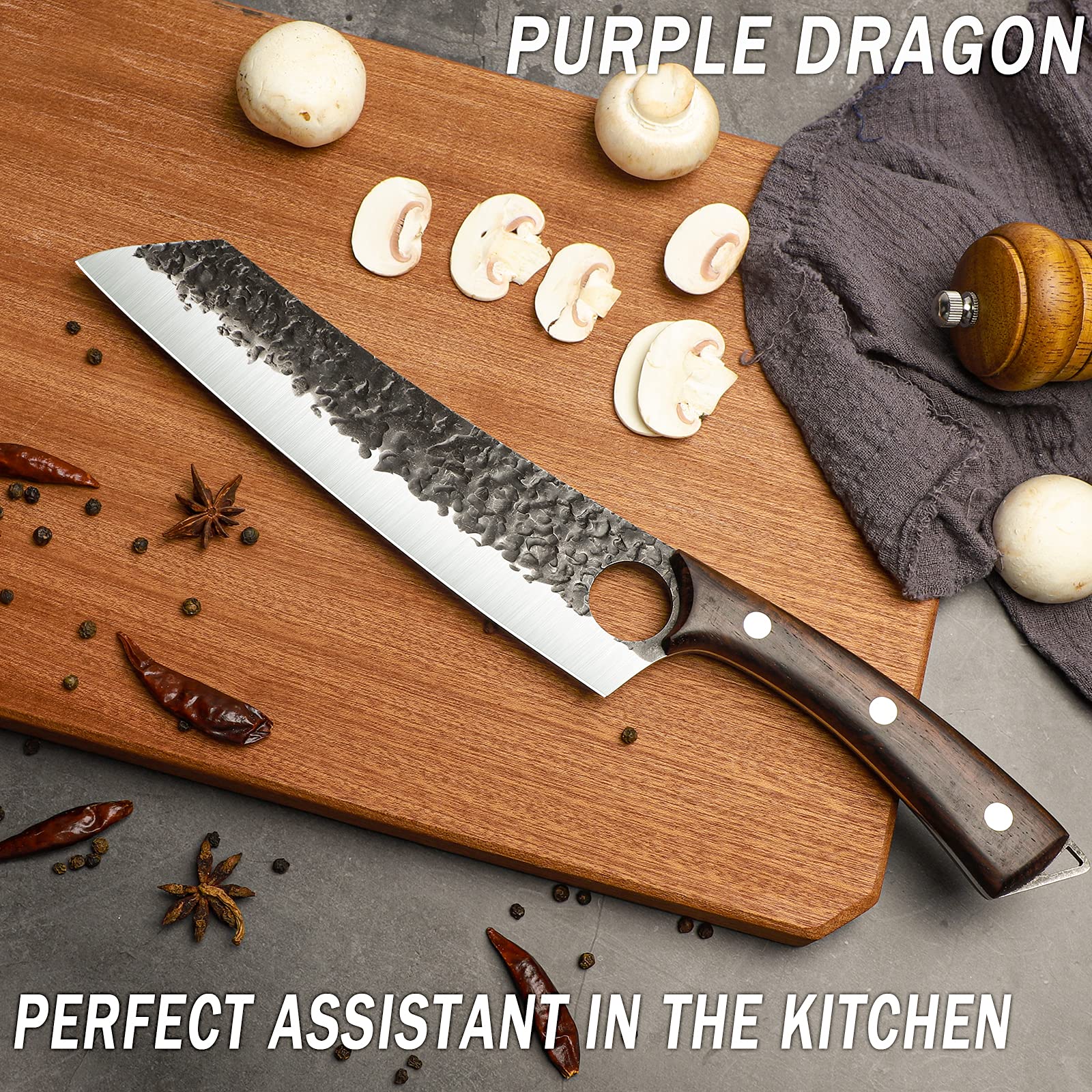 Purple Dragon 8Inch Ultra Sharp Butcher Knife with 8.5Inch Full Tang Vegetable Cleaver Knife