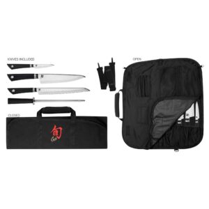 shun cutlery sora 5 piece student knife set, kitchen knife set with knife roll, includes 8" chef's knife, 3.5" paring knife, 9" bread knife and honing steel, handmade japanese kitchen knives