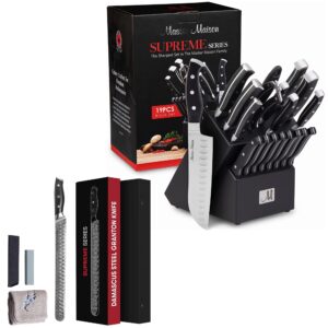 master maison premium 19-piece kitchen knife set with wooden storage block and damascus steel granton edge carving knife set with edge guard cover & gift box | german & japanese stainless steel, black