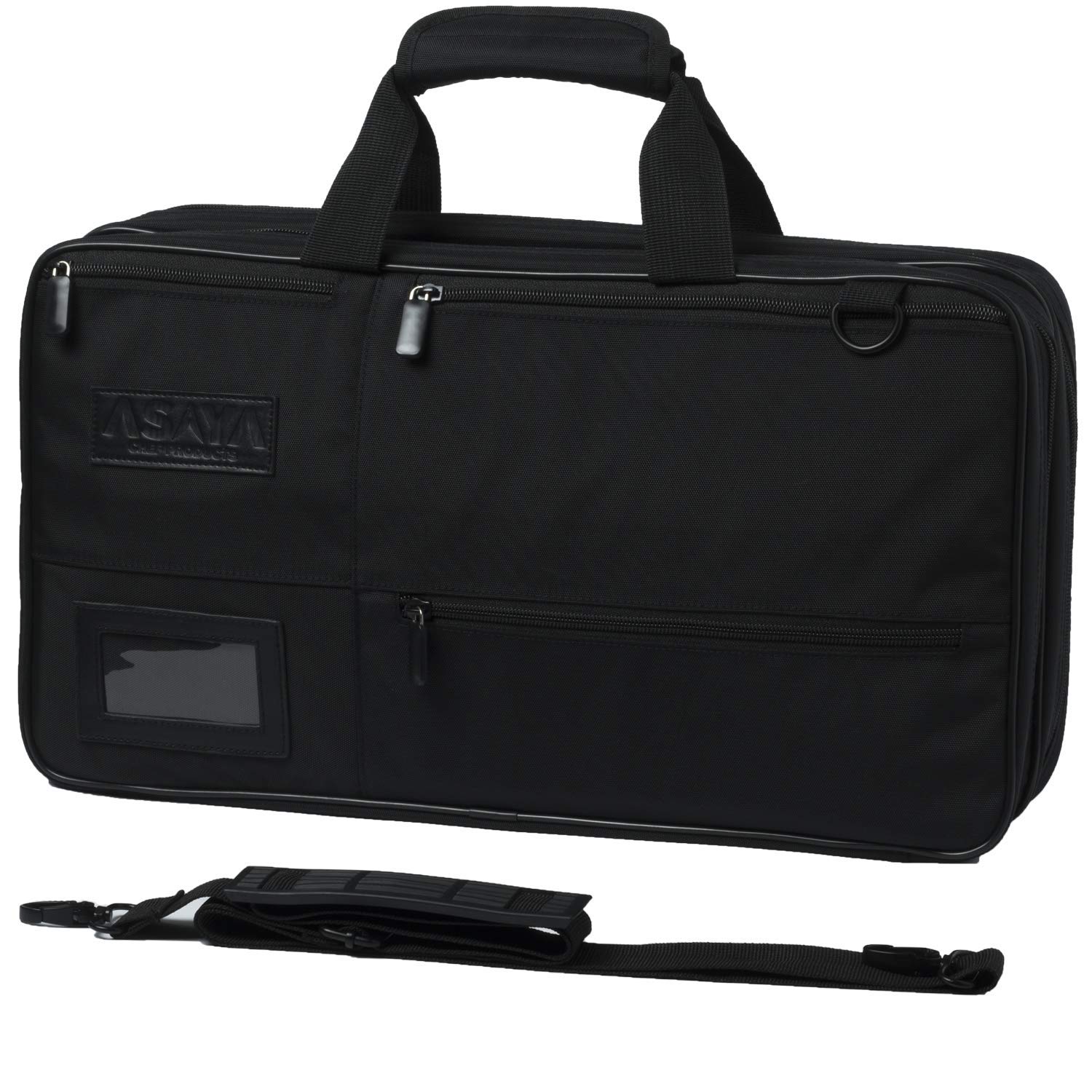 Asaya Chef Knife Bag - 28 Pockets for Knives and Kitchen Utensils - Durable Ballistic Nylon, Black Stainless Steel Hardware, Card Holder and Adjustable Shoulder Strap - Knifes not Included (Black)