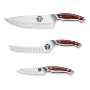 guy fieri knuckle sandwich 3pc set 8-in chef knife, 6-in serrated off-set utility knife with prong tip and 4-in paring knife, premium 7cr17mov stainless steel with ergonomic pakkawood handles