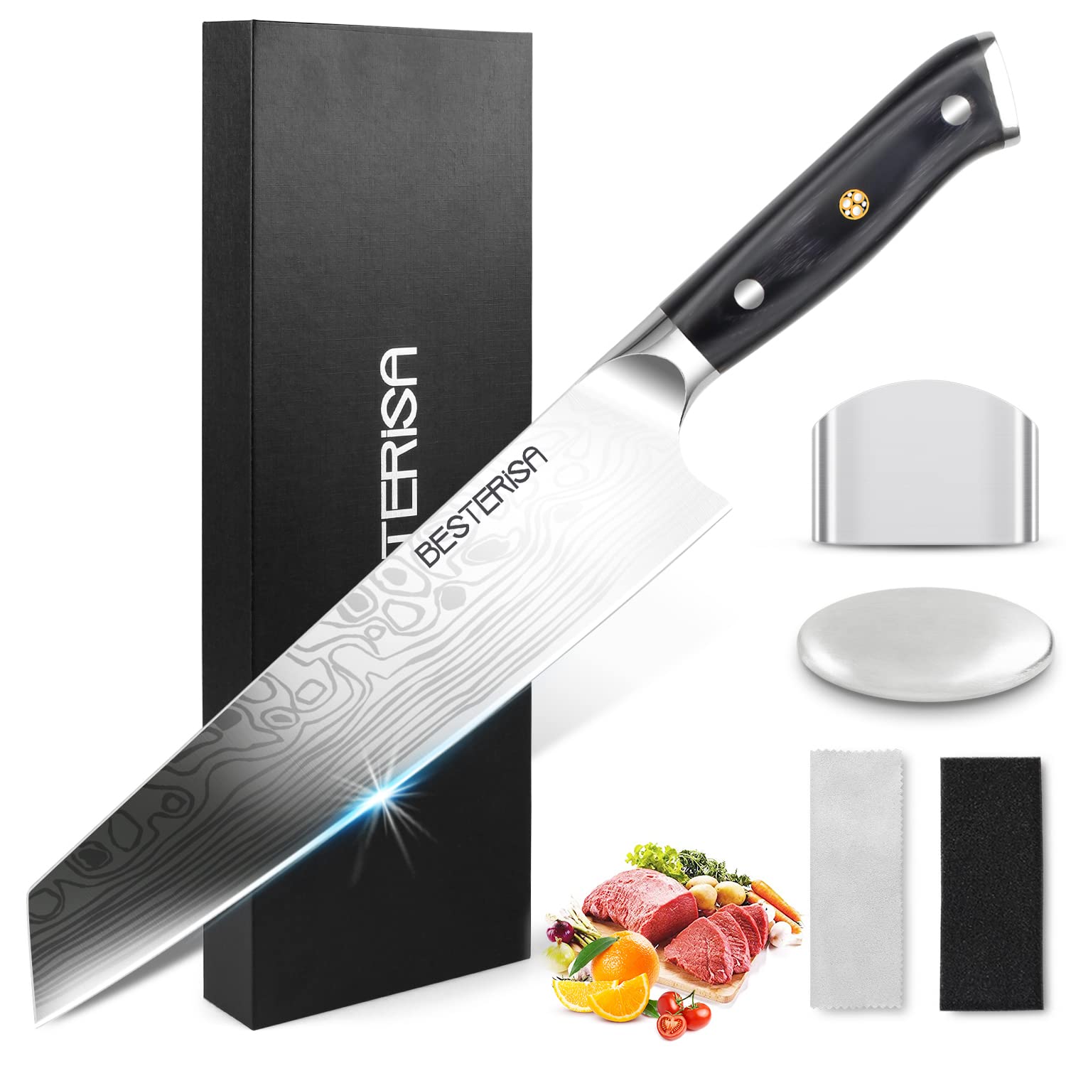 BESTERiSA Kiritsuke Chef Knife ，8 Inch Professional Chef Knife German Stainless Steel EN1.4116 Ultra Sharp Vegetable Meat Cleaver Knife with Knife Guard