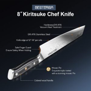 BESTERiSA Kiritsuke Chef Knife ，8 Inch Professional Chef Knife German Stainless Steel EN1.4116 Ultra Sharp Vegetable Meat Cleaver Knife with Knife Guard