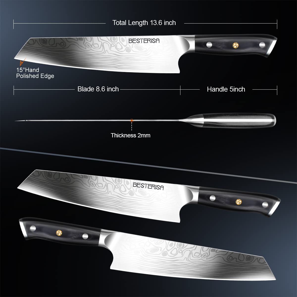 BESTERiSA Kiritsuke Chef Knife ，8 Inch Professional Chef Knife German Stainless Steel EN1.4116 Ultra Sharp Vegetable Meat Cleaver Knife with Knife Guard