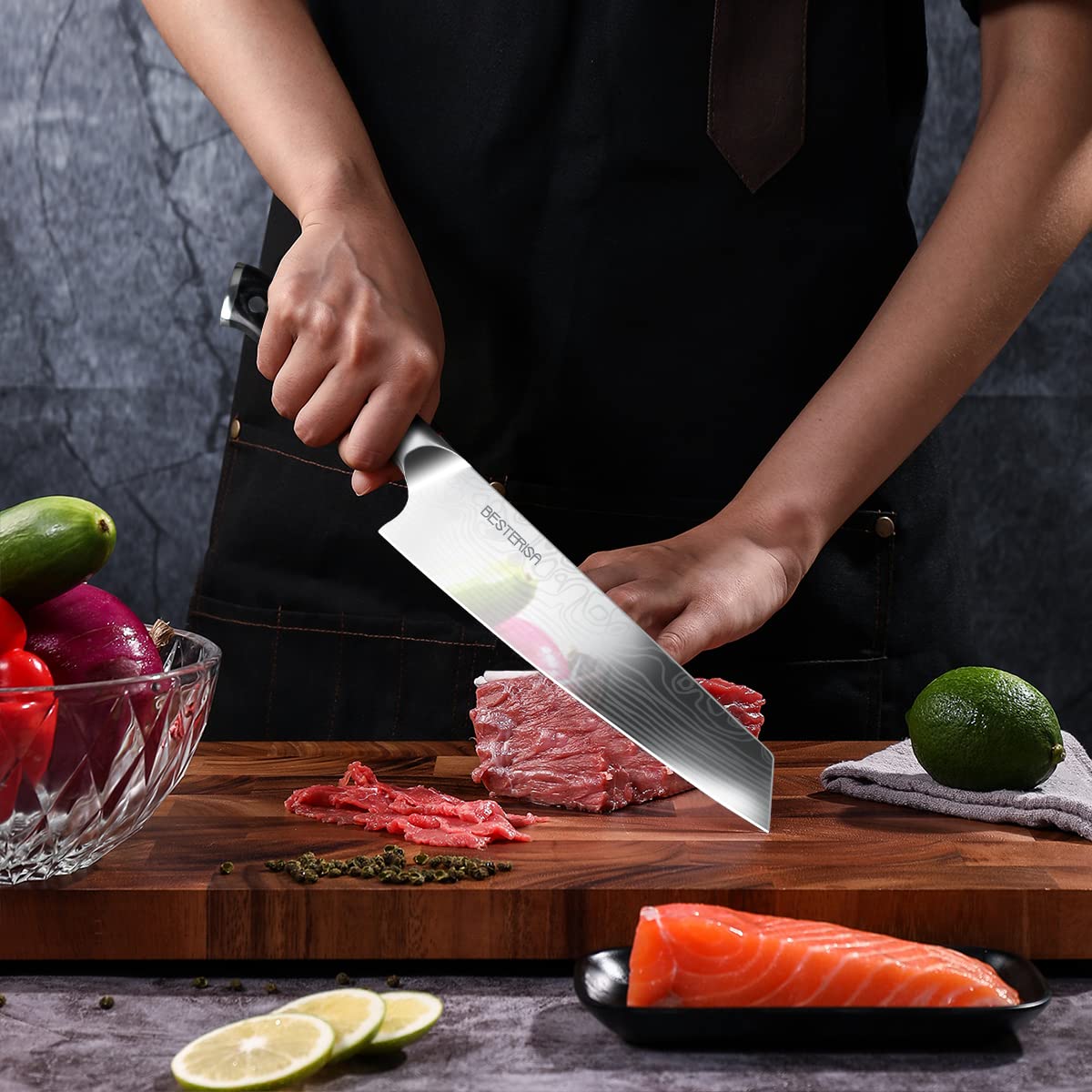 BESTERiSA Kiritsuke Chef Knife ，8 Inch Professional Chef Knife German Stainless Steel EN1.4116 Ultra Sharp Vegetable Meat Cleaver Knife with Knife Guard