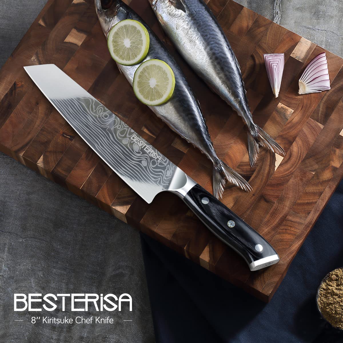 BESTERiSA Kiritsuke Chef Knife ，8 Inch Professional Chef Knife German Stainless Steel EN1.4116 Ultra Sharp Vegetable Meat Cleaver Knife with Knife Guard