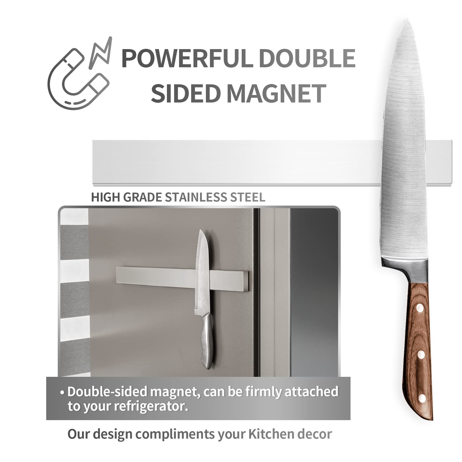 Magnetic Knife Holder for Wall No Drill, 16 Inch Stainless Steel Fridge Magnetic Knife Holder Knife Wall Magnet Rack Heavy Duty Magnet Strip for Knives on Fridge Wall(Double Sided, 16inch)