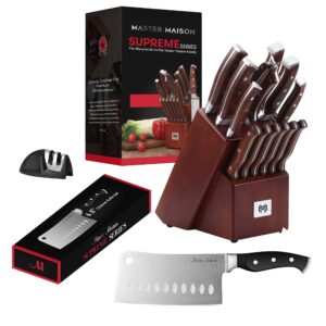 master maison walnut kitchen knife set with wood knife block & bonus cleaver | german stainless steel knives with knife sharpener & 6 steak knives | professional butcher block knife sets for kitchen