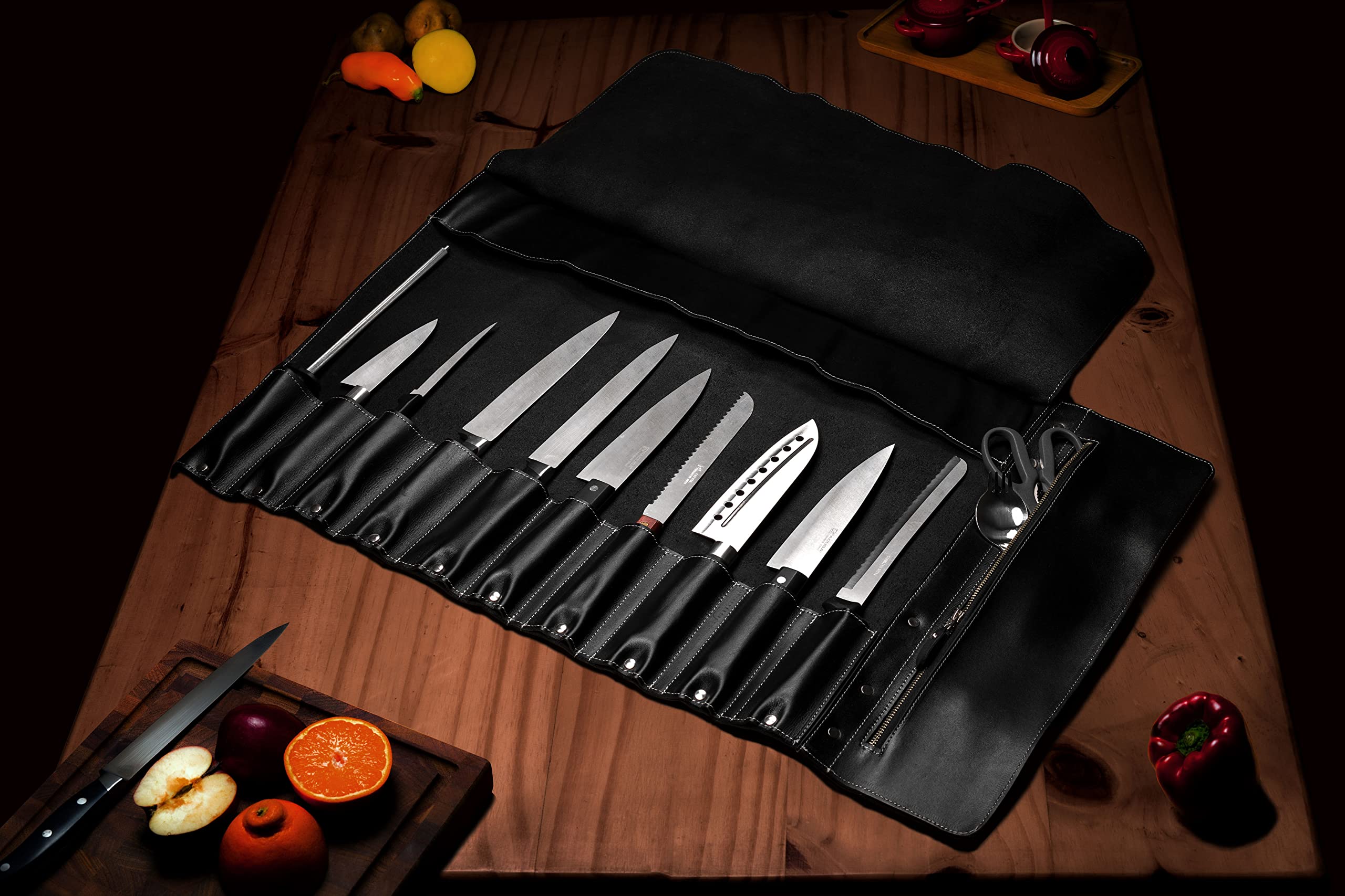 EVERPRIDE Chef Knife Roll Bag Made of Genuine Top Grain Leather – Knife Bag Holds 10 Knives up to 18” PLUS Zippered Compartment for Cooking Accessories – Knives Not Included