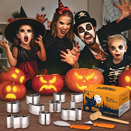 Jyusmile Pumpkin Carving Kit, 13 PCS Pumpkin Carving Tools with Hammer, DIY Pumpkin Carving Stencils for Kids Adults, Safe Stainless Steel Pumpkin Cutters Halloween Party Decorations