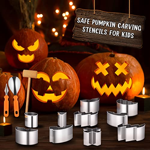 Jyusmile Pumpkin Carving Kit, 13 PCS Pumpkin Carving Tools with Hammer, DIY Pumpkin Carving Stencils for Kids Adults, Safe Stainless Steel Pumpkin Cutters Halloween Party Decorations