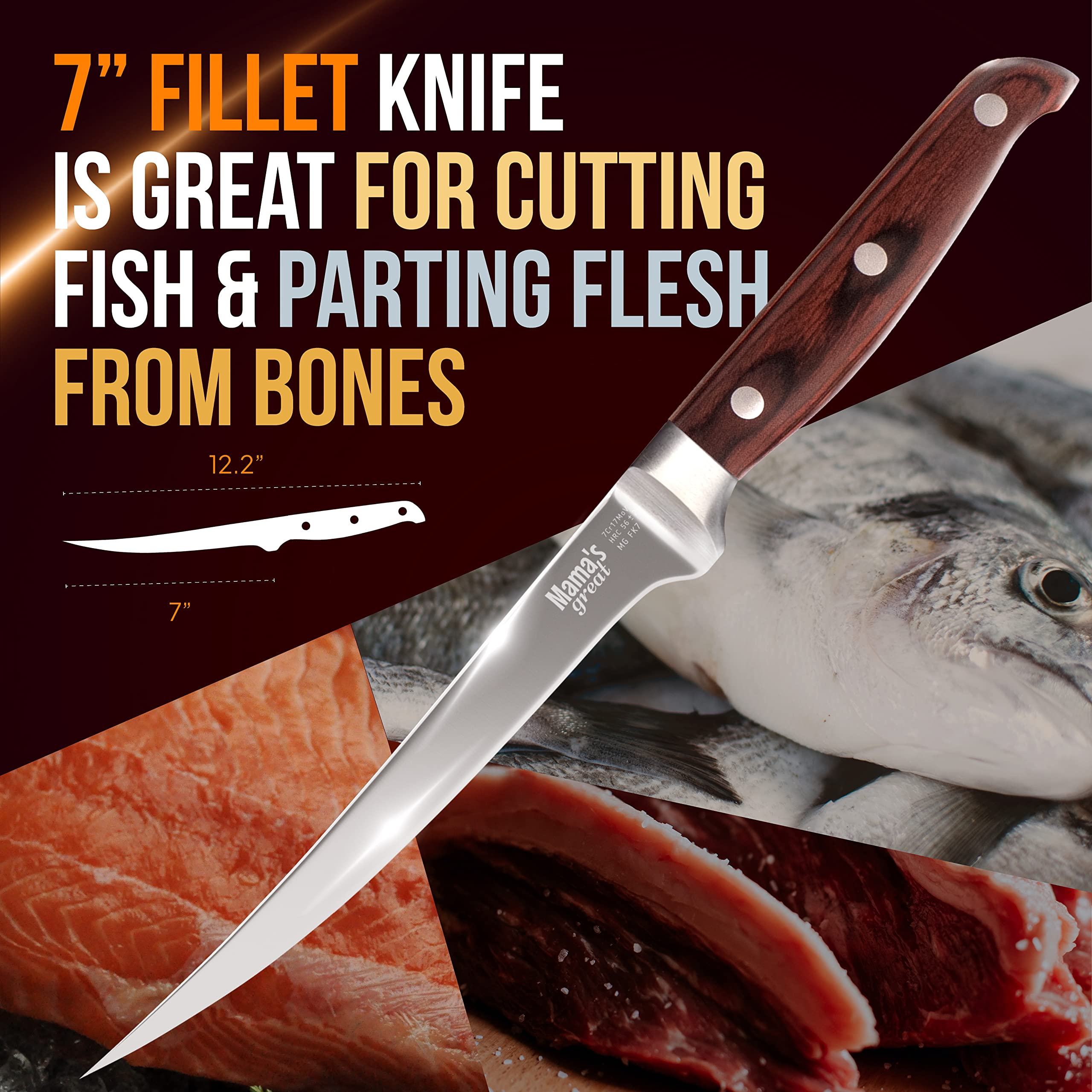 Mama's Great 7 Inch Fishing Fillet Knife with Curved Razor Sharp 7cr17mov High Carbon Stainless Steel Blade and Ergonomic Non-Slip Pakkawood Handle