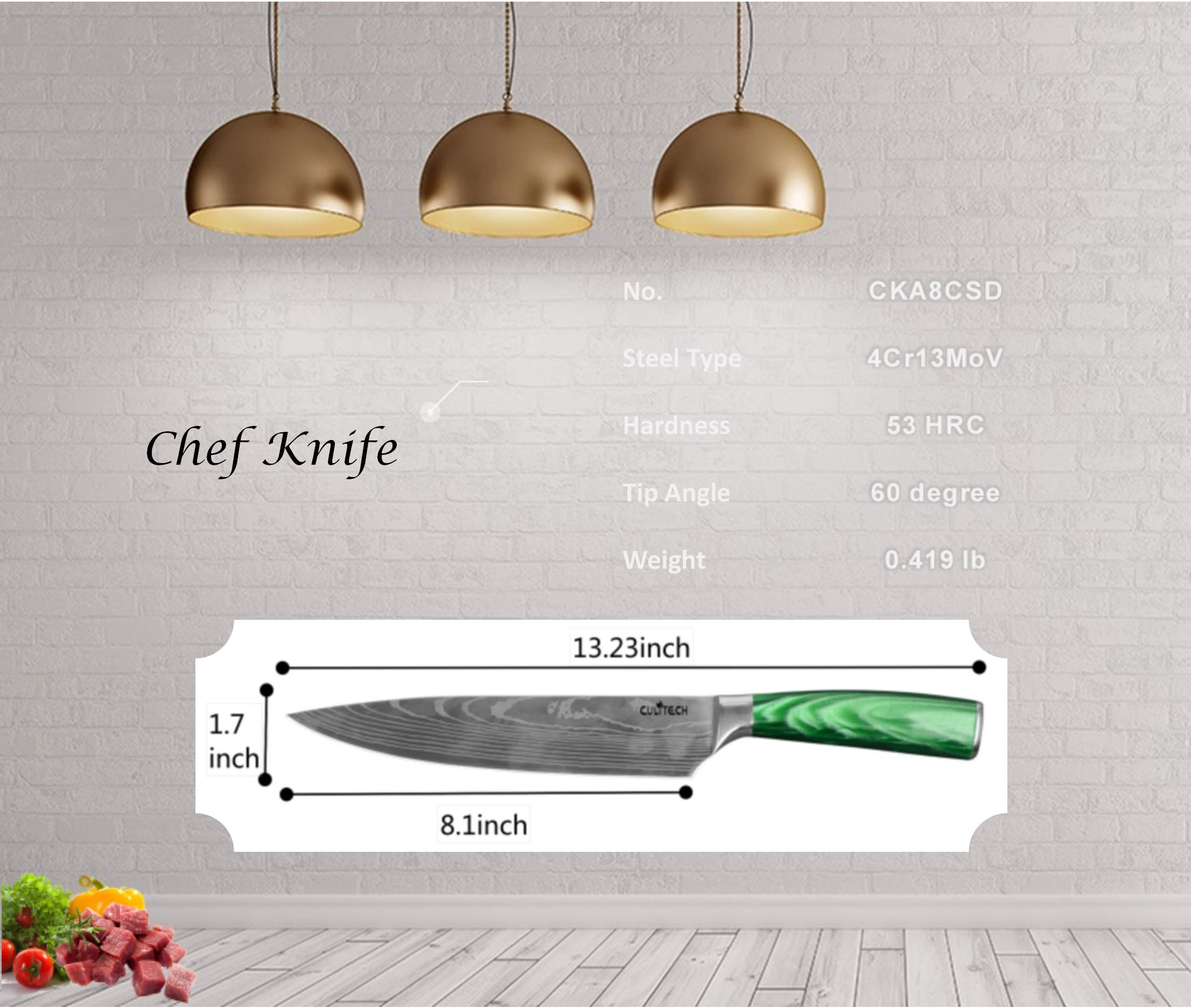 CULITECH Chef Knife, 8 inches Sharp Laser Damascus Pattern Chef Knife with Resin Handle and Sheath,Utility Kitchen Knife for Kitchen and Restaurant used