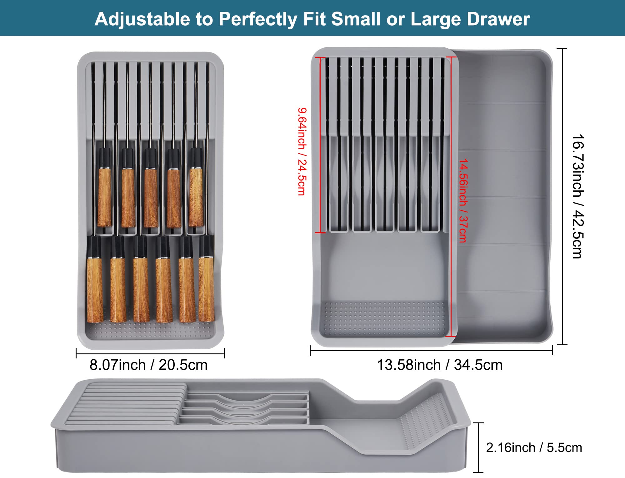 SOMIER Expandable Knife Organizer, Kitchen Drawer Knife Block with Adjustable Compact Flatware Cutlery Tray for Cooking Utensils, 2 Tier Knife Holder Insert for 11 Knives Storage, Gray