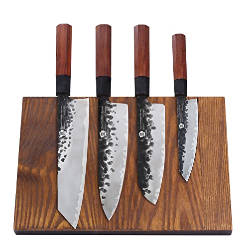 WILDMOK High Carbon 3 Layers 9CR18MOV Alloy Steel Forged 5 Pieces Knife Block Set with Ash Wood Magnetic Knife Holder Kitchen Chef Knife Set