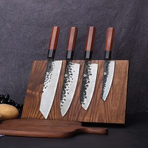 WILDMOK High Carbon 3 Layers 9CR18MOV Alloy Steel Forged 5 Pieces Knife Block Set with Ash Wood Magnetic Knife Holder Kitchen Chef Knife Set