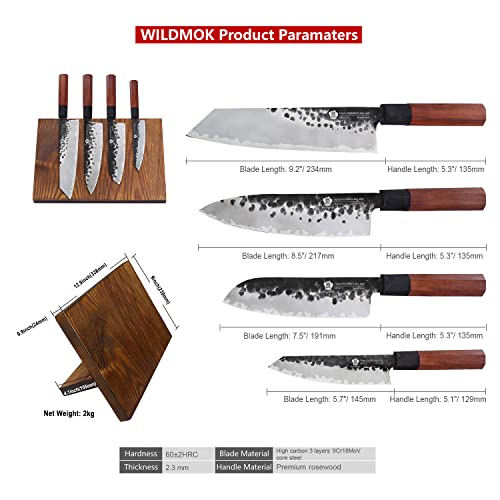 WILDMOK High Carbon 3 Layers 9CR18MOV Alloy Steel Forged 5 Pieces Knife Block Set with Ash Wood Magnetic Knife Holder Kitchen Chef Knife Set