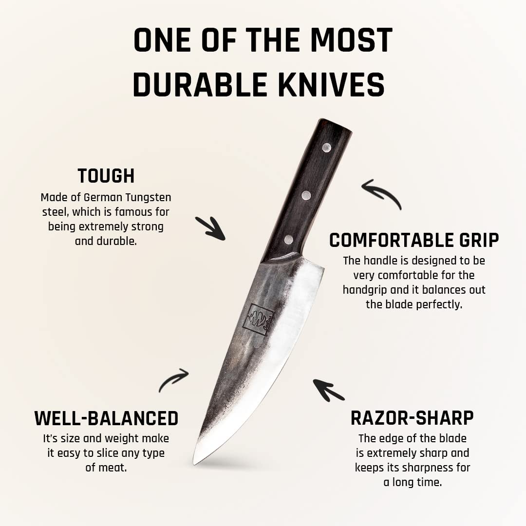 COOLINA Altomino Tungsten Steel Slicing Knife, 7.1-in Japanese Traditional Chef, Forged Hammered Kitchen Knife, Outdoor Cooking Hunting Survival Knives