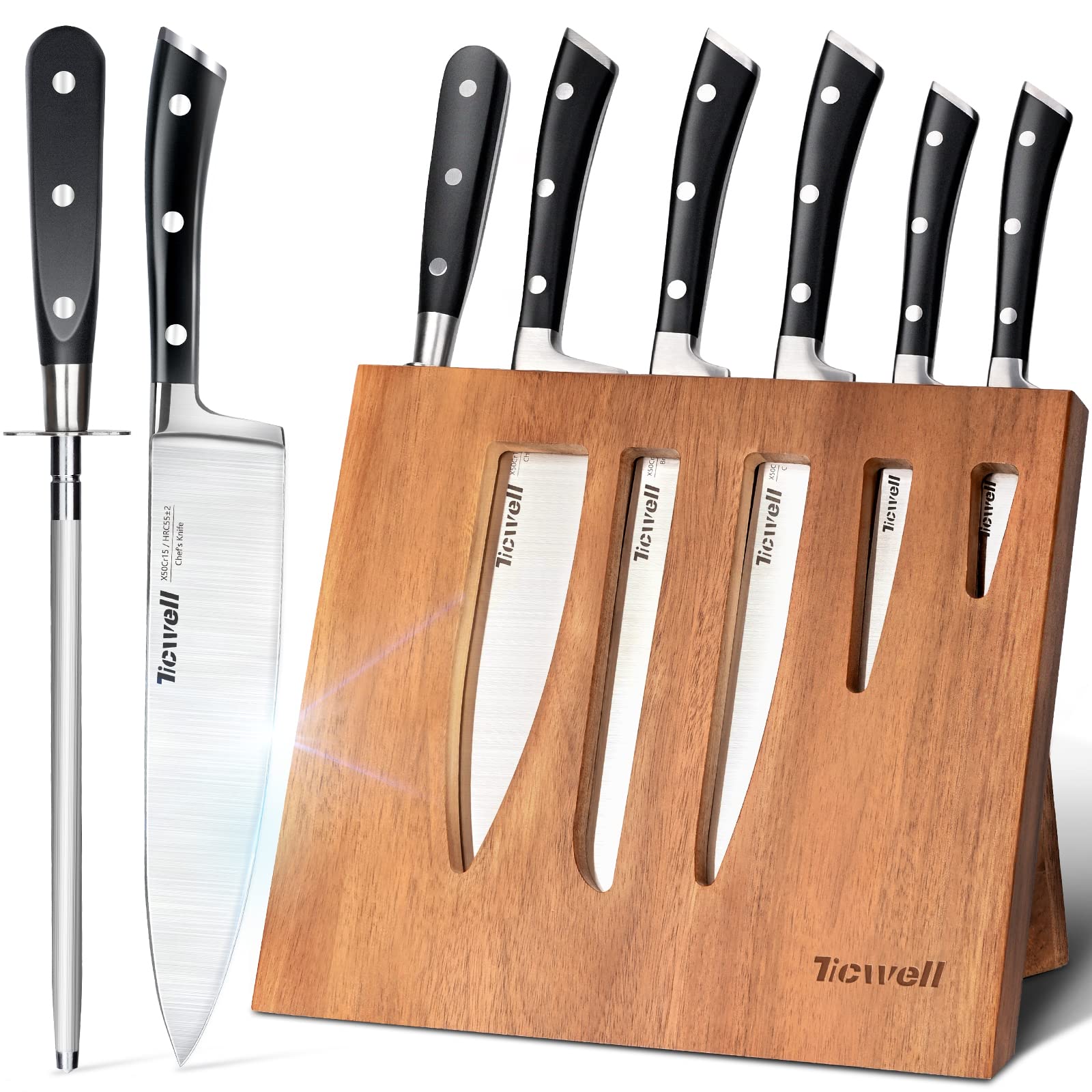 Kitchen Knife Set TICWELL 7 Pieces High Carbon German Stainless Steel, Professional Knife Set with Wooden Block, Knife Sharpener, Dishwasher Safe, Best Gift