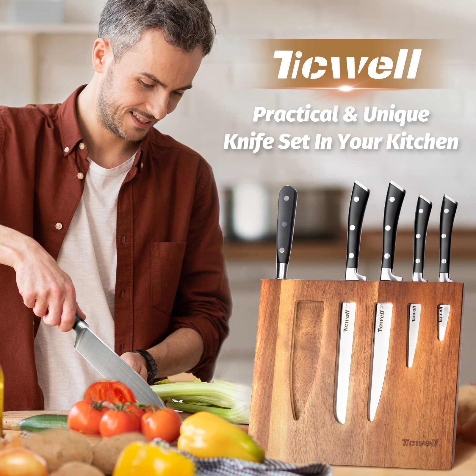 Kitchen Knife Set TICWELL 7 Pieces High Carbon German Stainless Steel, Professional Knife Set with Wooden Block, Knife Sharpener, Dishwasher Safe, Best Gift