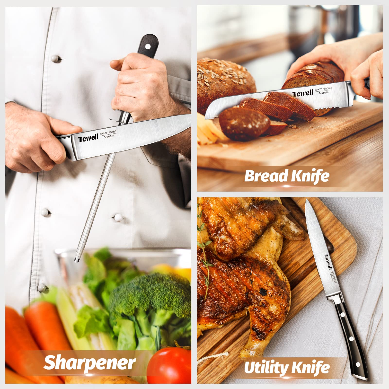 Kitchen Knife Set TICWELL 7 Pieces High Carbon German Stainless Steel, Professional Knife Set with Wooden Block, Knife Sharpener, Dishwasher Safe, Best Gift