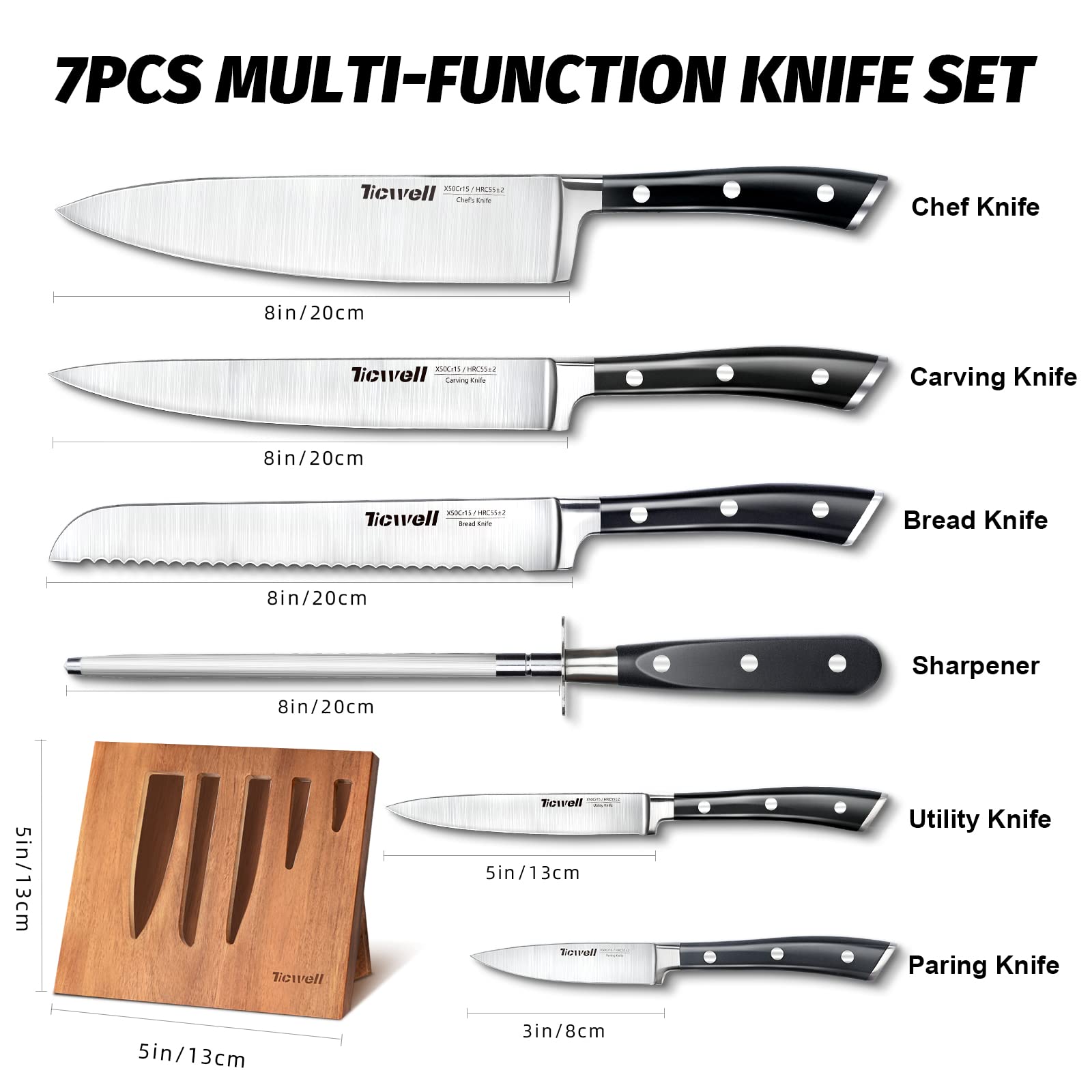 Kitchen Knife Set TICWELL 7 Pieces High Carbon German Stainless Steel, Professional Knife Set with Wooden Block, Knife Sharpener, Dishwasher Safe, Best Gift