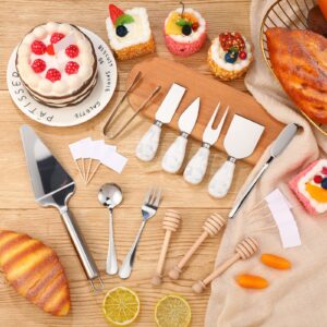 122 Pieces Cheese Knife Set for Charcuterie Board Utensil Accessories, Marble Cheese Knife, Butter Spreader, Cake Server, Serving Tongs, Spoons, Forks, Wood Honey Dippers and Food Flag Labels