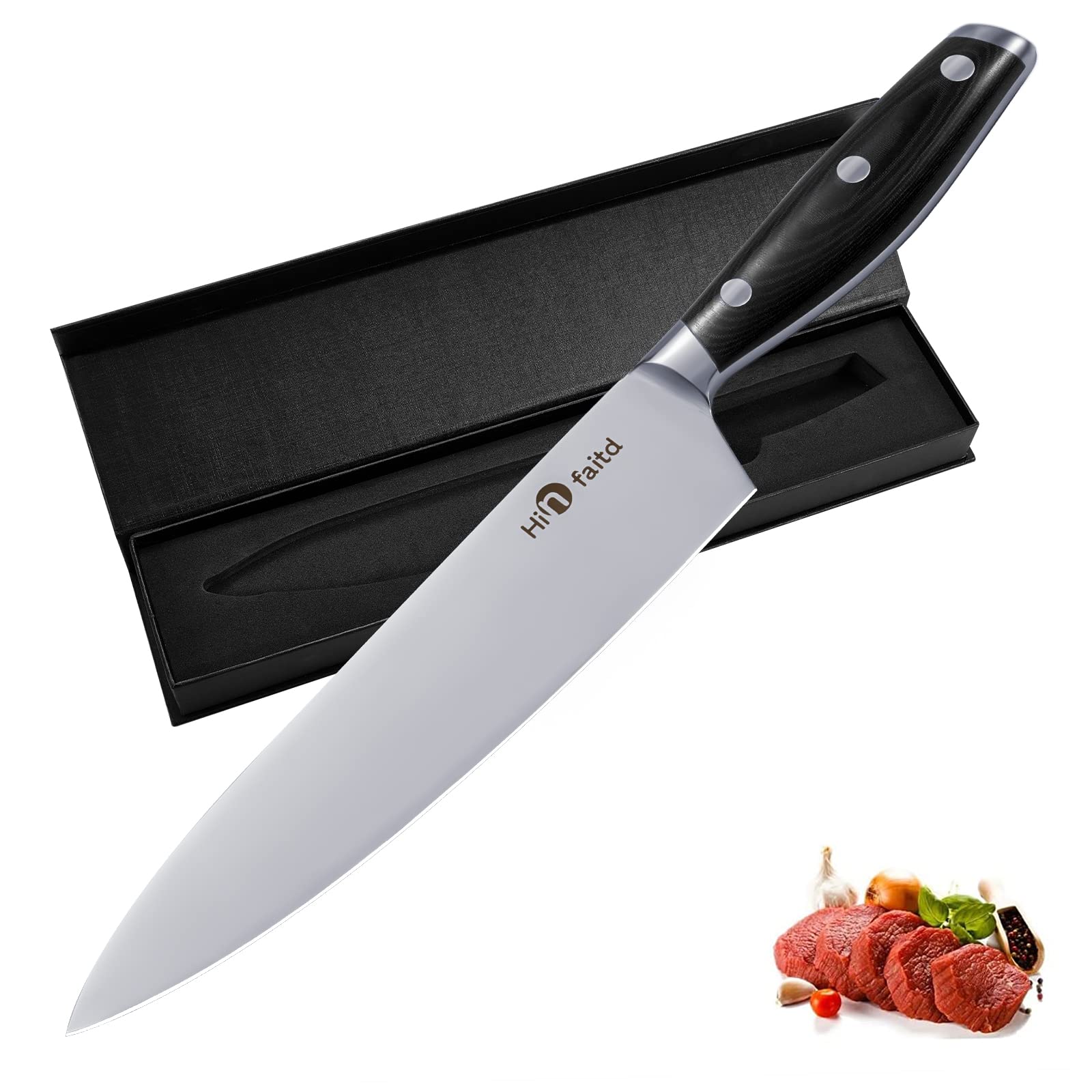 Hinfaitd Chef Knife Premium 7CR17MoV High Carbon Stainless Steel Ultra Sharp Knife, 8 Inch Professional Kitchen Knife, Chefs Knives with Ergonomic Handle