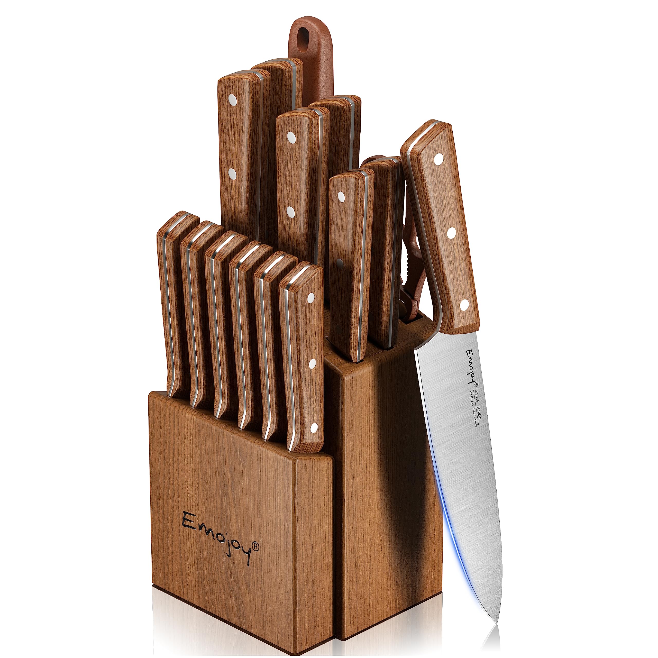 emojoy 15pcs Kitchen Knife Set, Kitchen Knife Set with Block, High Carbon Stainless Steel Knives with Wooden Handle Brown