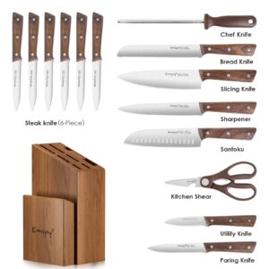 emojoy 15pcs Kitchen Knife Set, Kitchen Knife Set with Block, High Carbon Stainless Steel Knives with Wooden Handle Brown