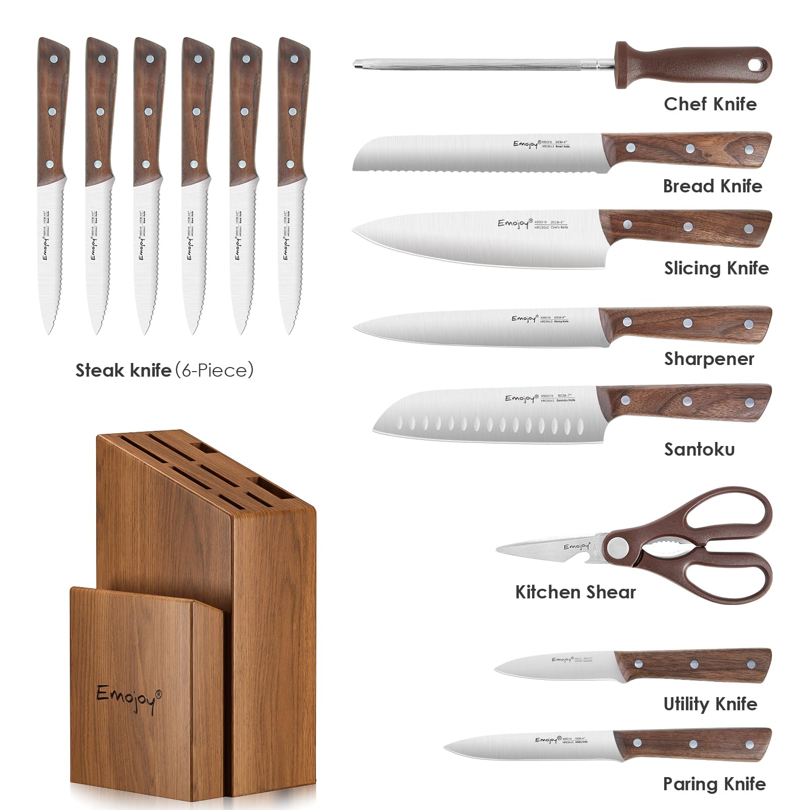 emojoy 15pcs Kitchen Knife Set, Kitchen Knife Set with Block, High Carbon Stainless Steel Knives with Wooden Handle Brown