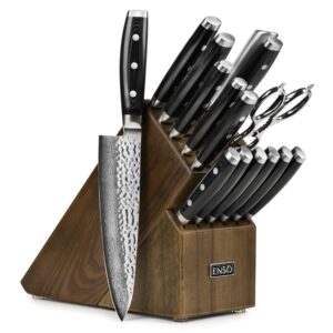 enso hd 16 piece knife set - made in japan - vg10 hammered damascus stainless steel with dark ash block