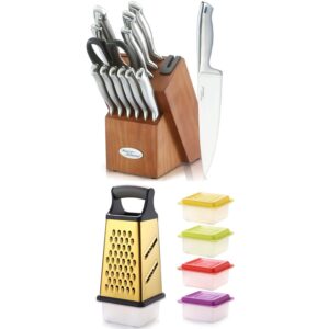 marco almond kya26 knife sets, 14 pieces high carbon stainless steel kitchen knife set in hardwood block+kya53 golden titanium box grater, stainless steel grater slicer 5 piece set