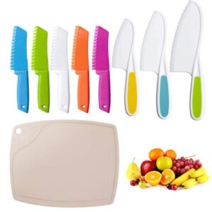 9pcs kids knife sets plastic knife,kids chef nylon knives include 5 pcs square knife, 3pcs pointed knife,1pc non-slip plastic cutting board, children's safe children's safe cooking for fruit,knife