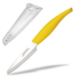 seki japan fruit knife, small peeling knife, 3.3-inch stainless steel blade with yellow plactic handle and clear sheath, for kitchen and outdoor