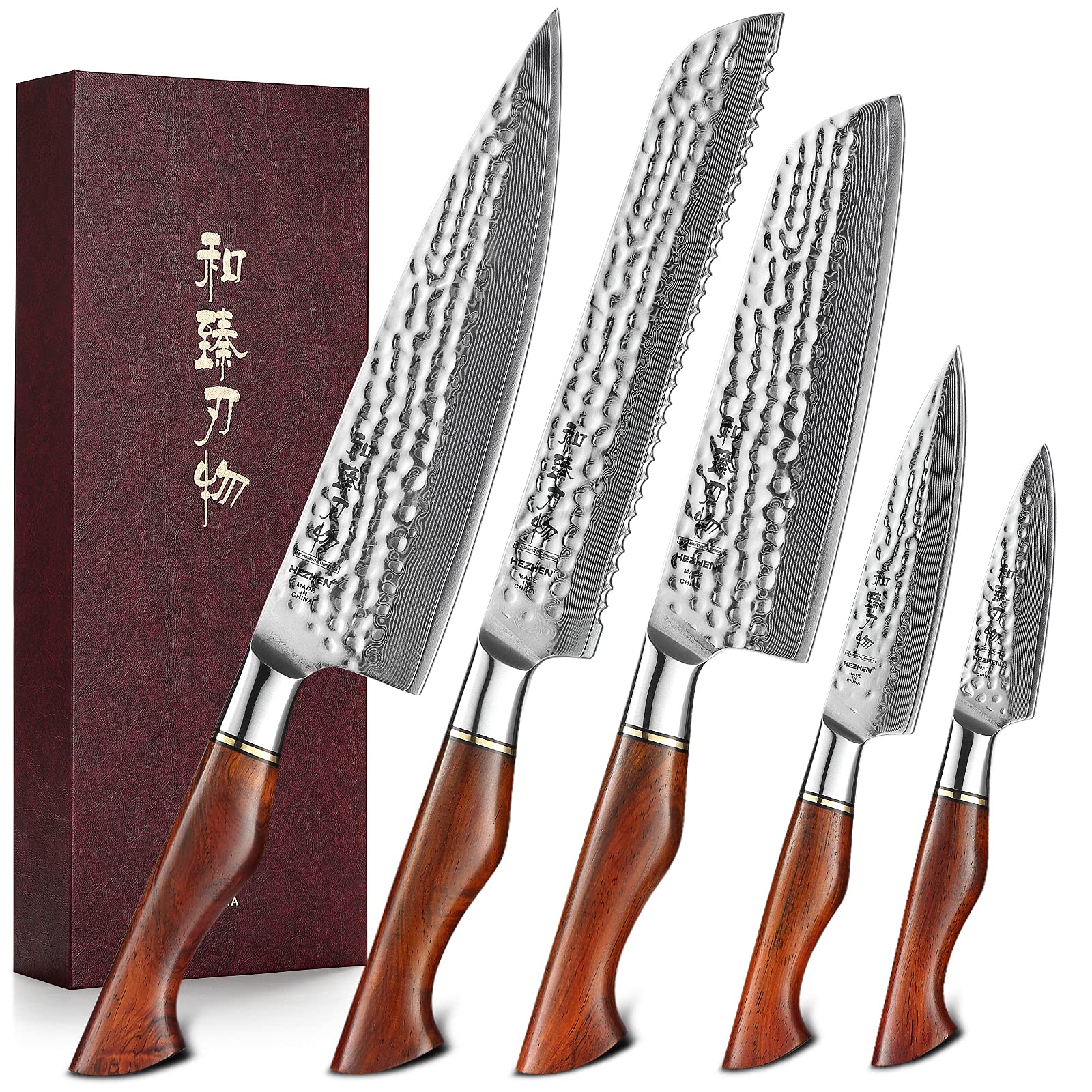 HEZHEN Damascus Knife Set 5PCS,Premium Powder Steel Forged Hammered Pattern, Rosewood Handle, Home Cooking Kitchen Knives