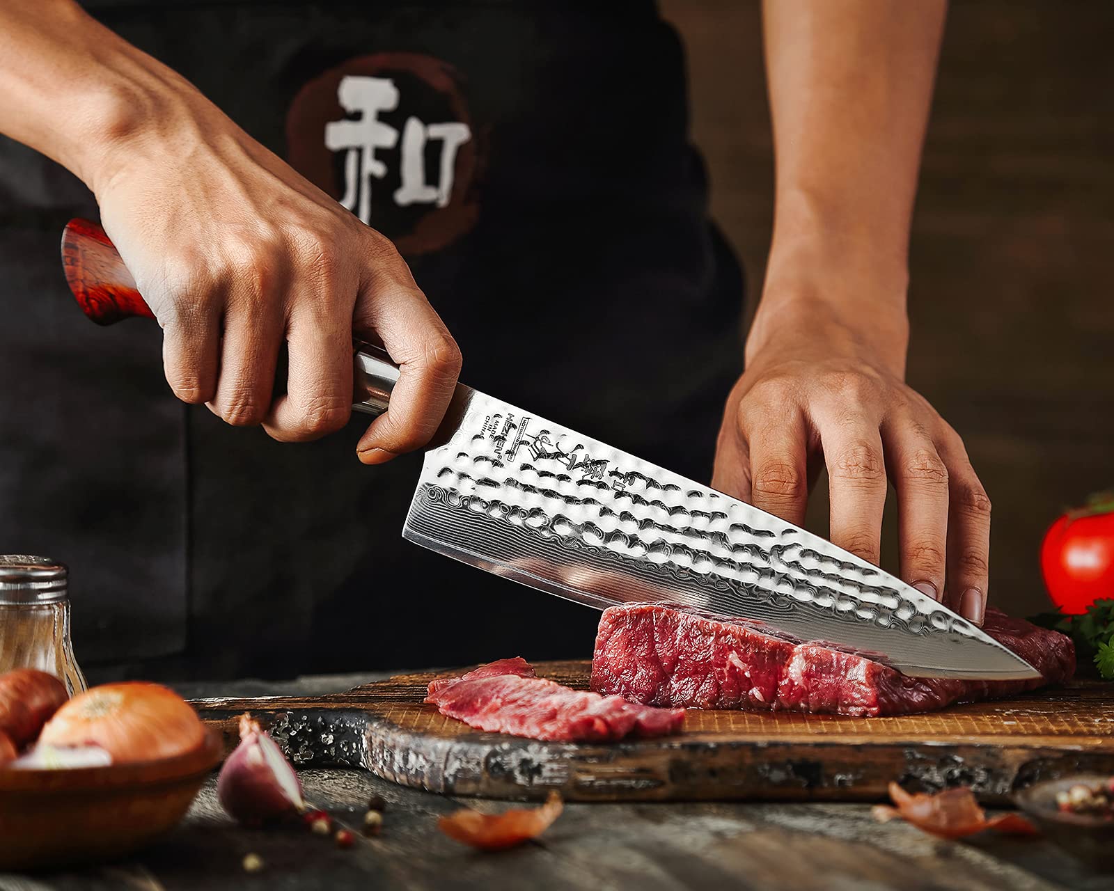 HEZHEN Damascus Knife Set 5PCS,Premium Powder Steel Forged Hammered Pattern, Rosewood Handle, Home Cooking Kitchen Knives