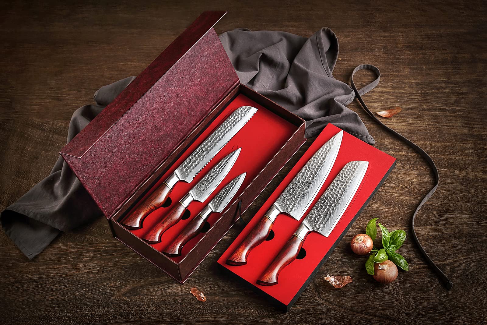 HEZHEN Damascus Knife Set 5PCS,Premium Powder Steel Forged Hammered Pattern, Rosewood Handle, Home Cooking Kitchen Knives