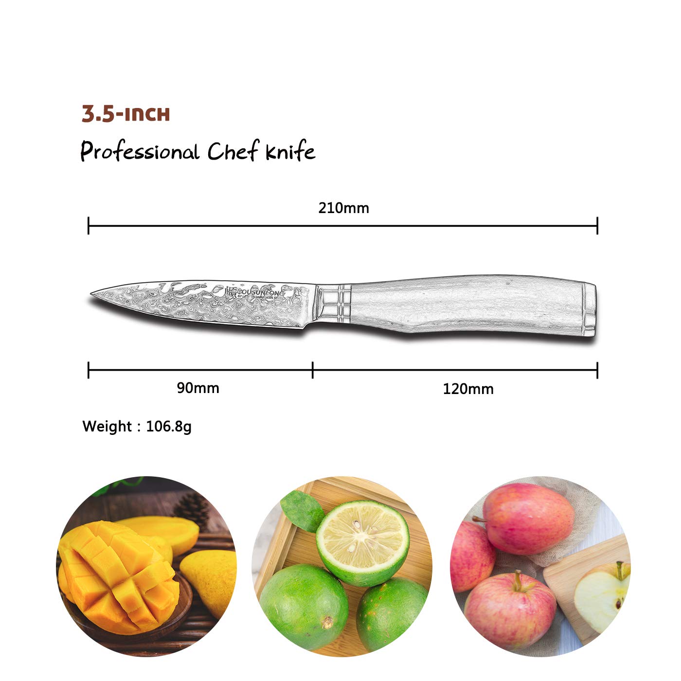 YOUSUNLONG Paring Knife 3.5 inch Peeling Knives Japanese 67 Layers Hammered Damascus Steel with Natural Leadwood Handle