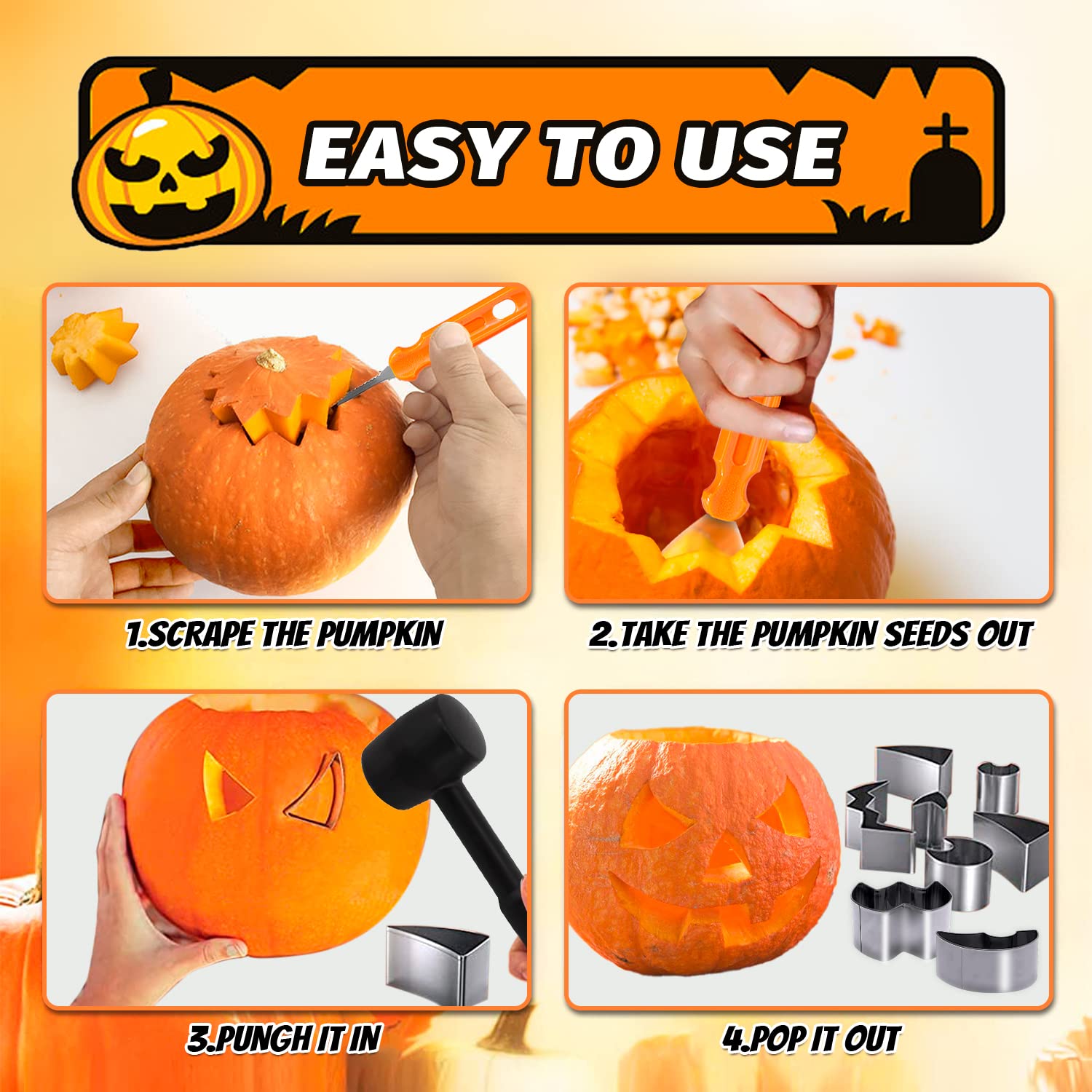 ButyHome 33 PCS Pumpkin Carving Kit, Stainless Steel Tools with Hammer DIY Stencils Pumpkin Carver Kit Carving Set for Halloween Decoration Safe for Kids Adults with 12 Candle Lights