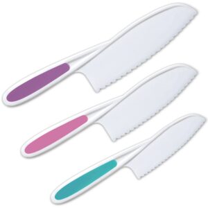 ragazzacucine kids knife set of 3 - firm grip, serrated edges & safe – colorful nylon toddler cooking knives to cut fruits, salad, cake, lettuce (purplemulti)