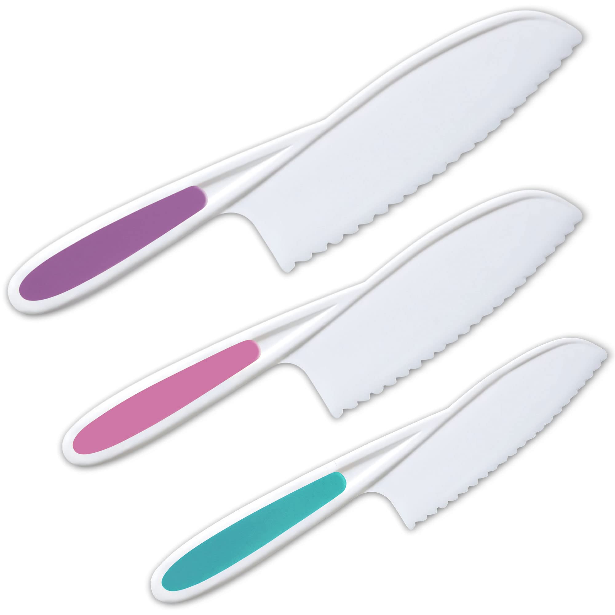 Ragazzacucine Kids Knife Set of 3 - Firm Grip, Serrated Edges & Safe – Colorful Nylon Toddler Cooking Knives to Cut Fruits, Salad, Cake, Lettuce (PurpleMulti)