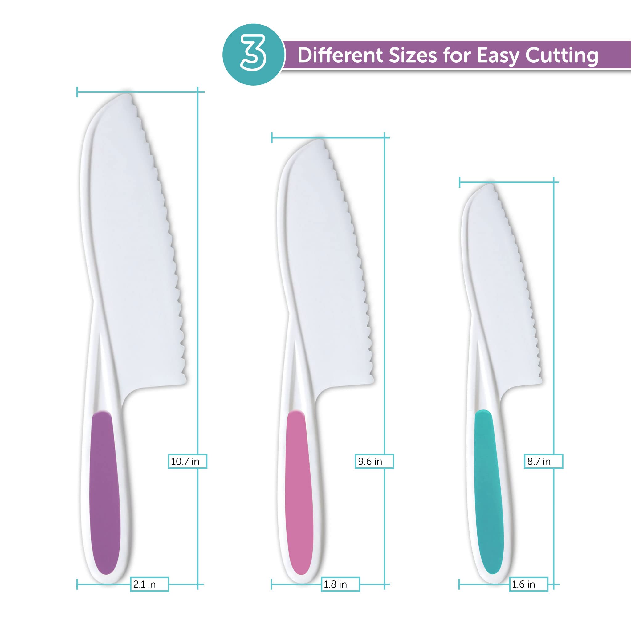 Ragazzacucine Kids Knife Set of 3 - Firm Grip, Serrated Edges & Safe – Colorful Nylon Toddler Cooking Knives to Cut Fruits, Salad, Cake, Lettuce (PurpleMulti)