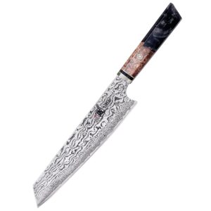 mitsumoto sakari 8 inch japanese kiritsuke chef knife, hand forged japanese sushi knife, aus-10 premium damascus steel kitchen cooking knife (shadowwood pomegranate handle & gift box)