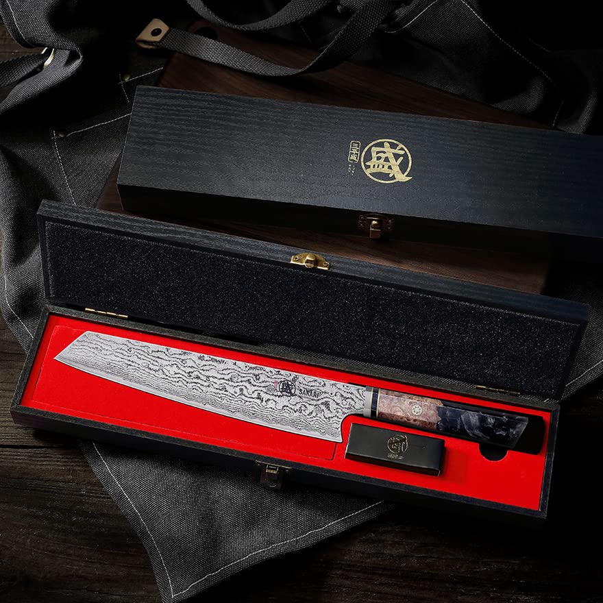 MITSUMOTO SAKARI 8 inch Japanese Kiritsuke Chef Knife, Hand Forged Japanese Sushi Knife, AUS-10 Premium Damascus Steel Kitchen Cooking Knife (Shadowwood Pomegranate Handle & Gift Box)