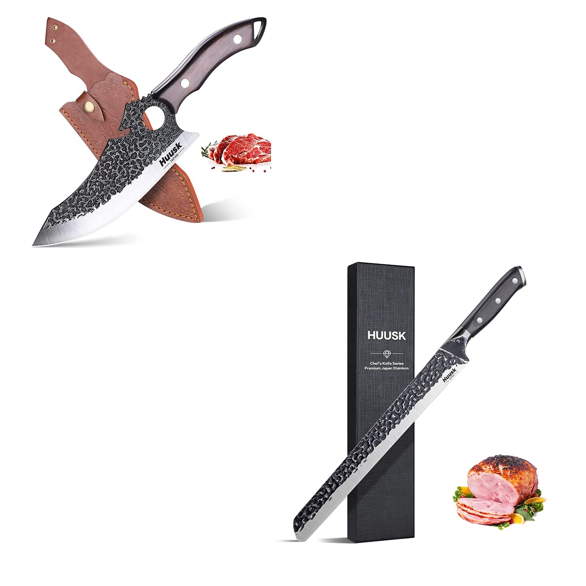 Huusk Chef Knives Bundle with Carving Knife for Slicing Meats Ribs Roasts Fruits BBQ Gift Idea