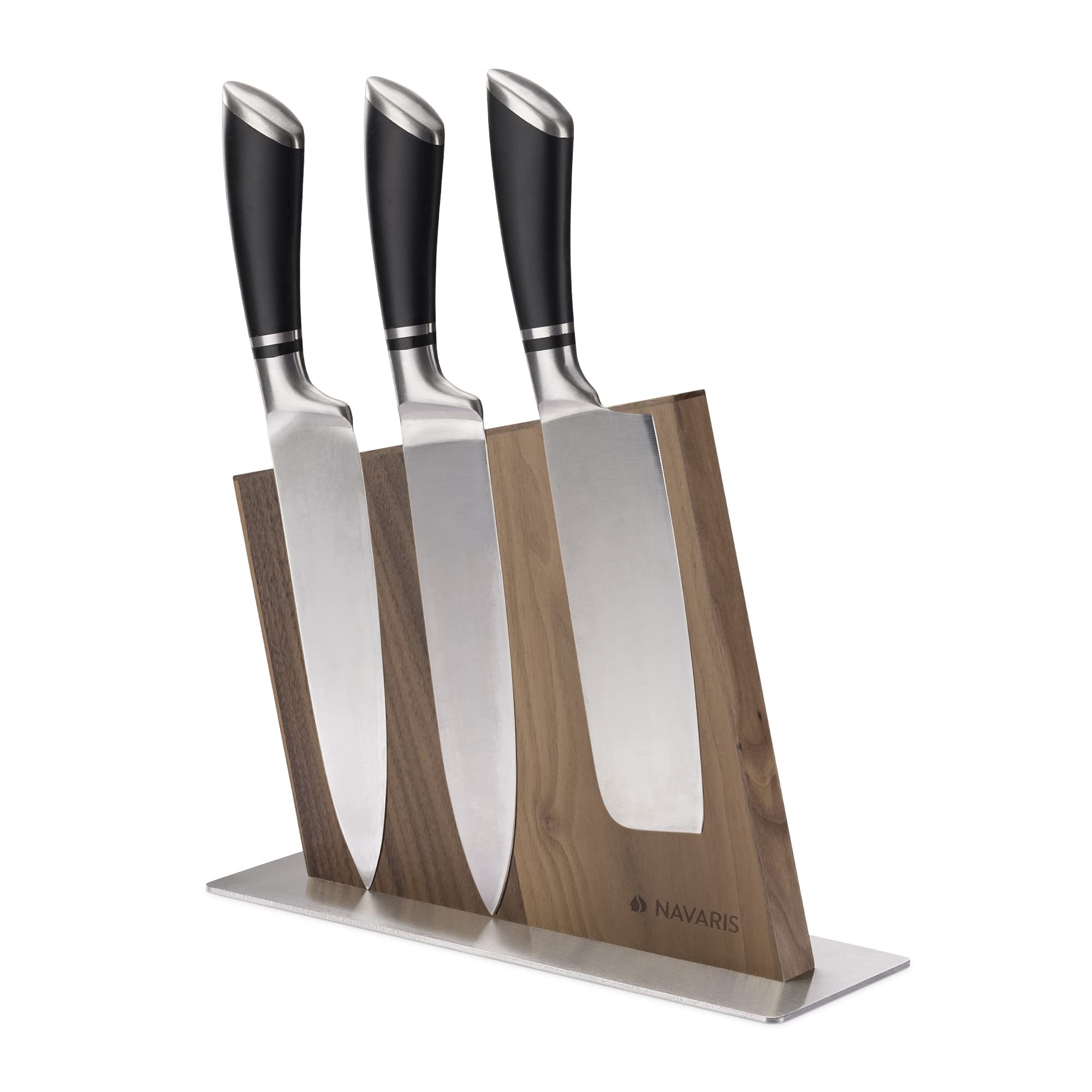 Navaris Wood Magnetic Knife Block - Double Sided Wooden Magnet Holder Board - Storage Stand for Kitchen Knives, Scissors, Metal Utensils - Walnut Wood