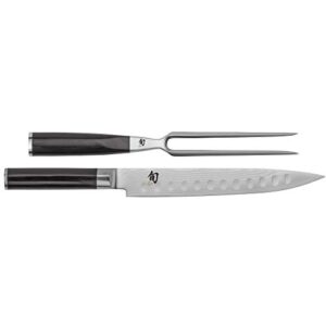 shun cutlery classic 2-piece carving set, includes 9” classic hollow-ground slicing knife and carving fork, authentic, handcrafted japanese carving knife and fork