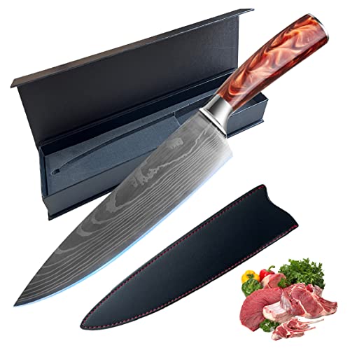 YIEUS Chef Knife 8 inch with Leather Sheath, German High Carbon Stainless Steel, Super Sharp Professional Meat Kitchen Knife, Ergonomic Resin Handle and Gift Box