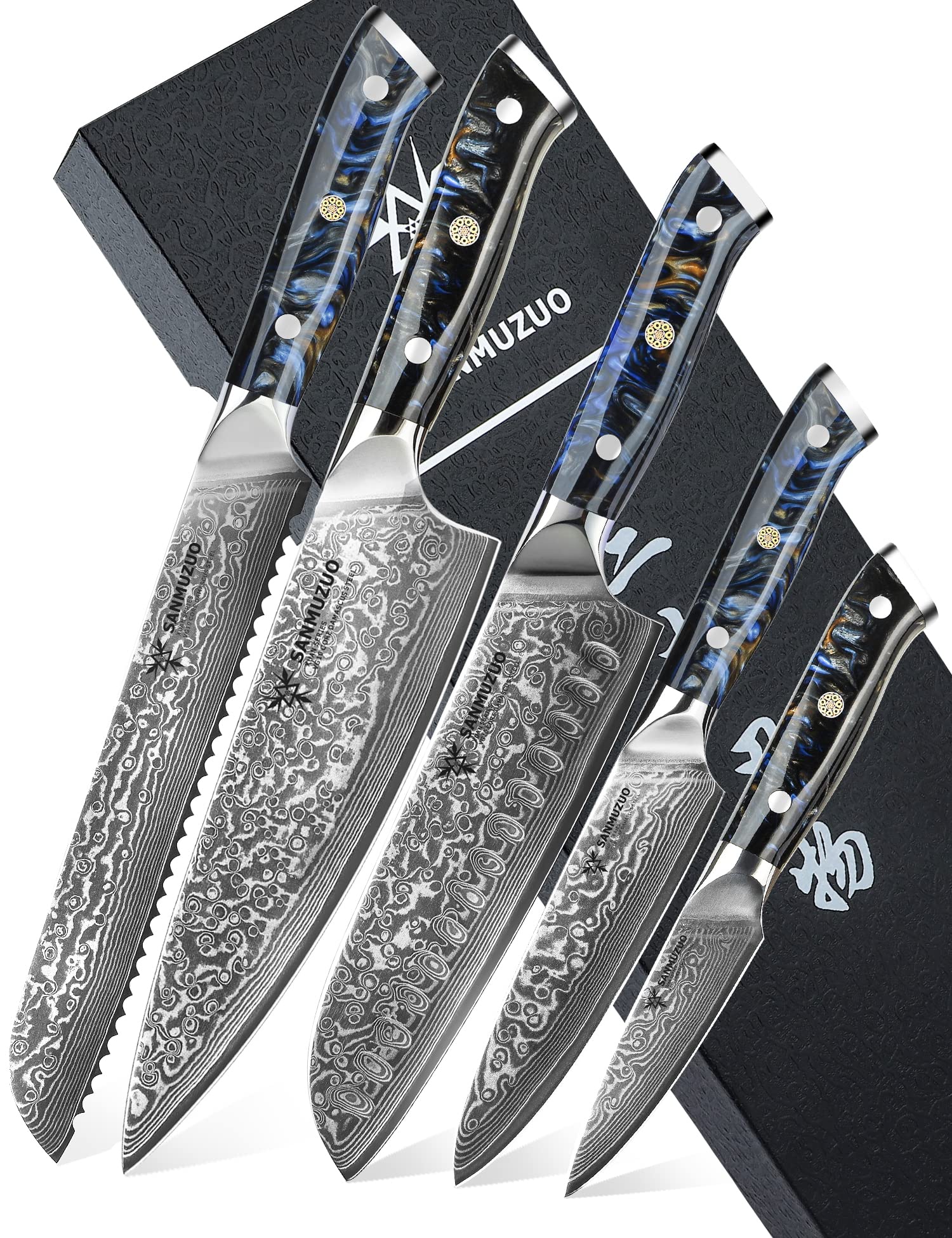 SANMUZUO Chef Cooking Knives Set- Kitchen Knife Set of 5 Piece - Ultra-Sharp VG10 Damascus Steel & Resin Handle - Xuan Series (Starry Black)